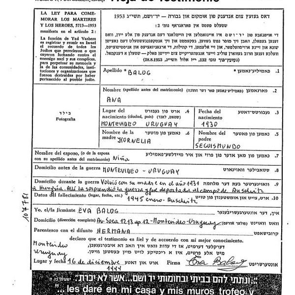 Balog Eva – Centro Recordatorio del Holocausto de Uruguay